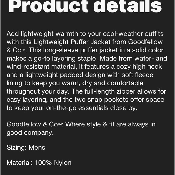 Goodfellow & Co | Jackets & Coats | Mens Lightweight Puffer Jacket New ...